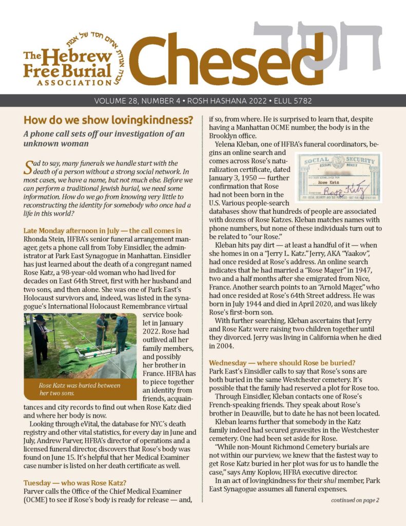 Chesed Newsletter - Hebrew Free Burial Association